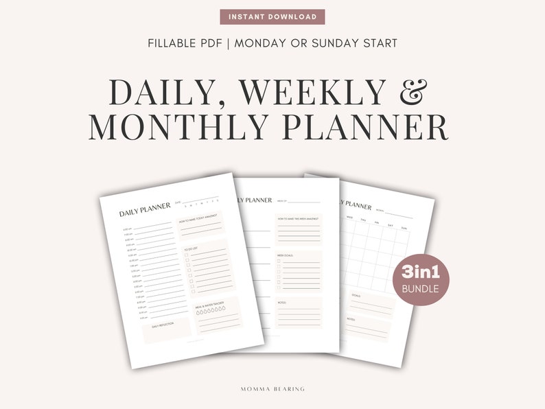 Undated Daily, Weekly, Monthly Planner Bundle, Minimalist Aesthetic ...