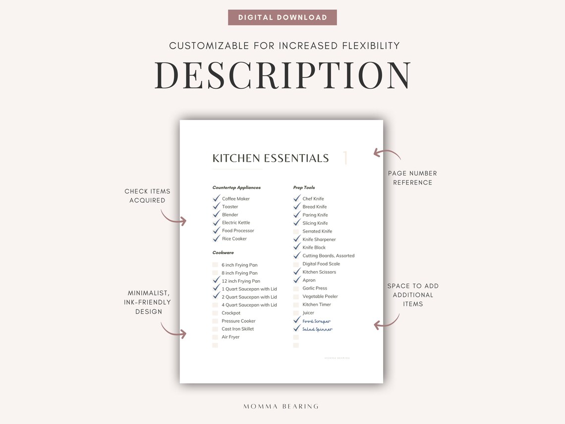 Kitchen Essentials Printable Checklist, Kitchen Inventory, Kitchen ...