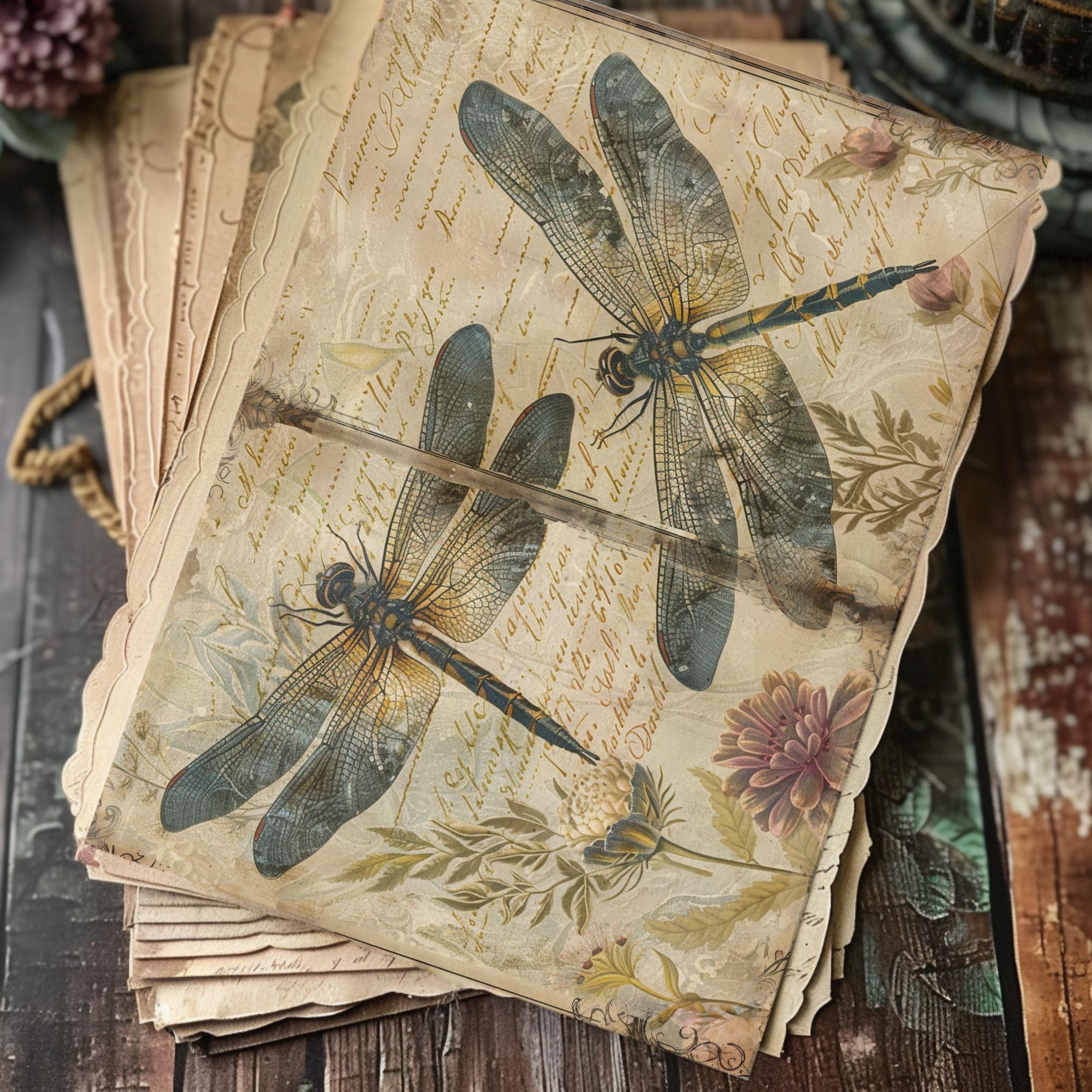 Vintage Dragonfly Digital Paper, Printable Dragonfly Junk Journal ...