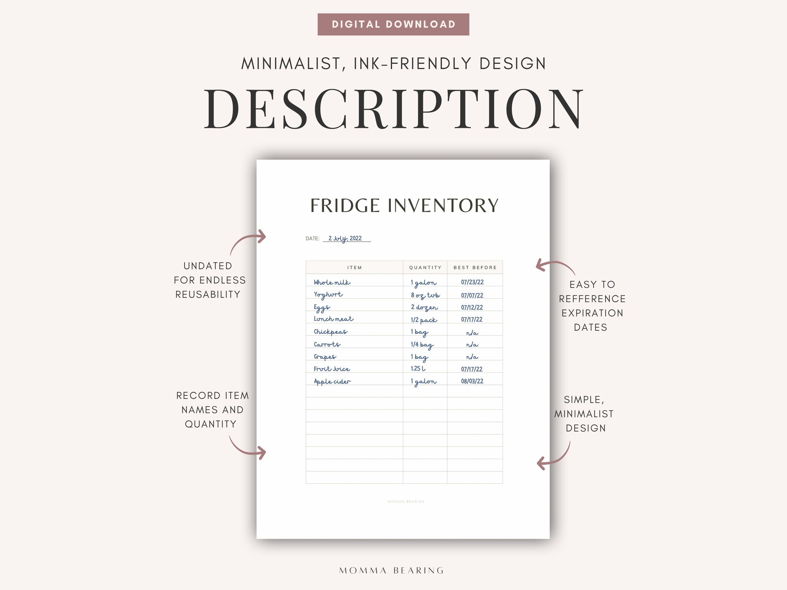 Kitchen Inventory Printable, Pantry, Fridge & Freezer Inventory, Food ...