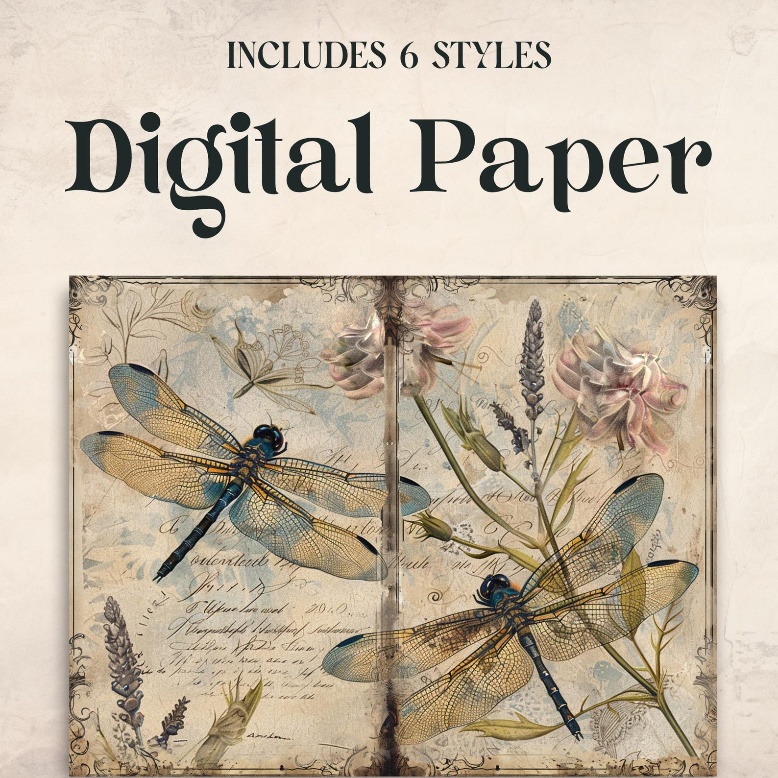Vintage Dragonfly Digital Paper, Printable Dragonfly Junk Journal ...