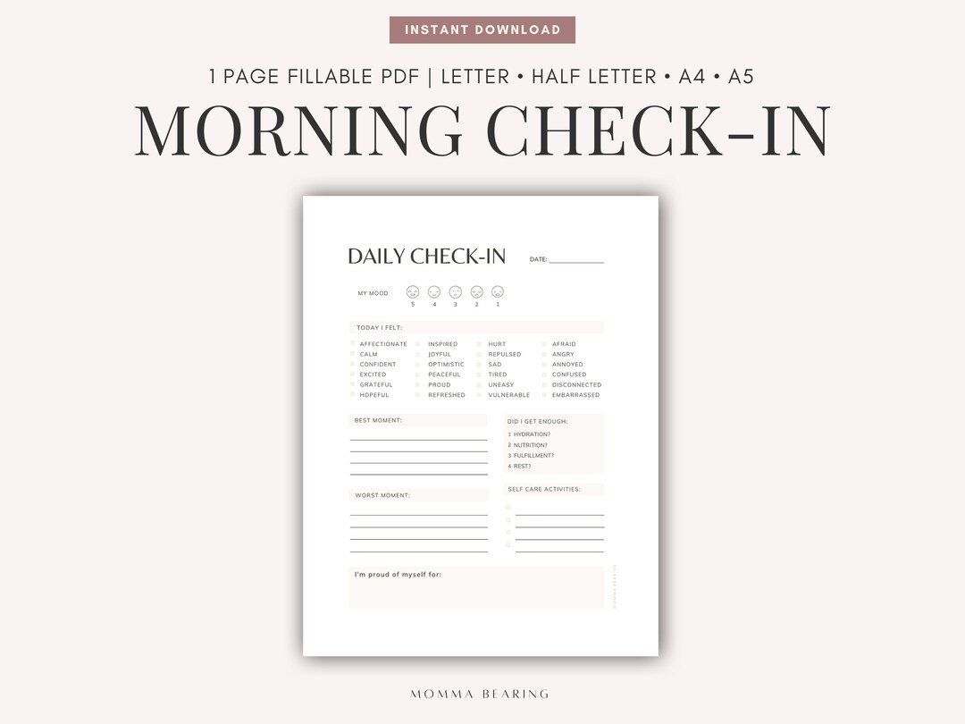 Morning Check-in Mood Tracker, Printable Daiy Reflection Page, Self ...