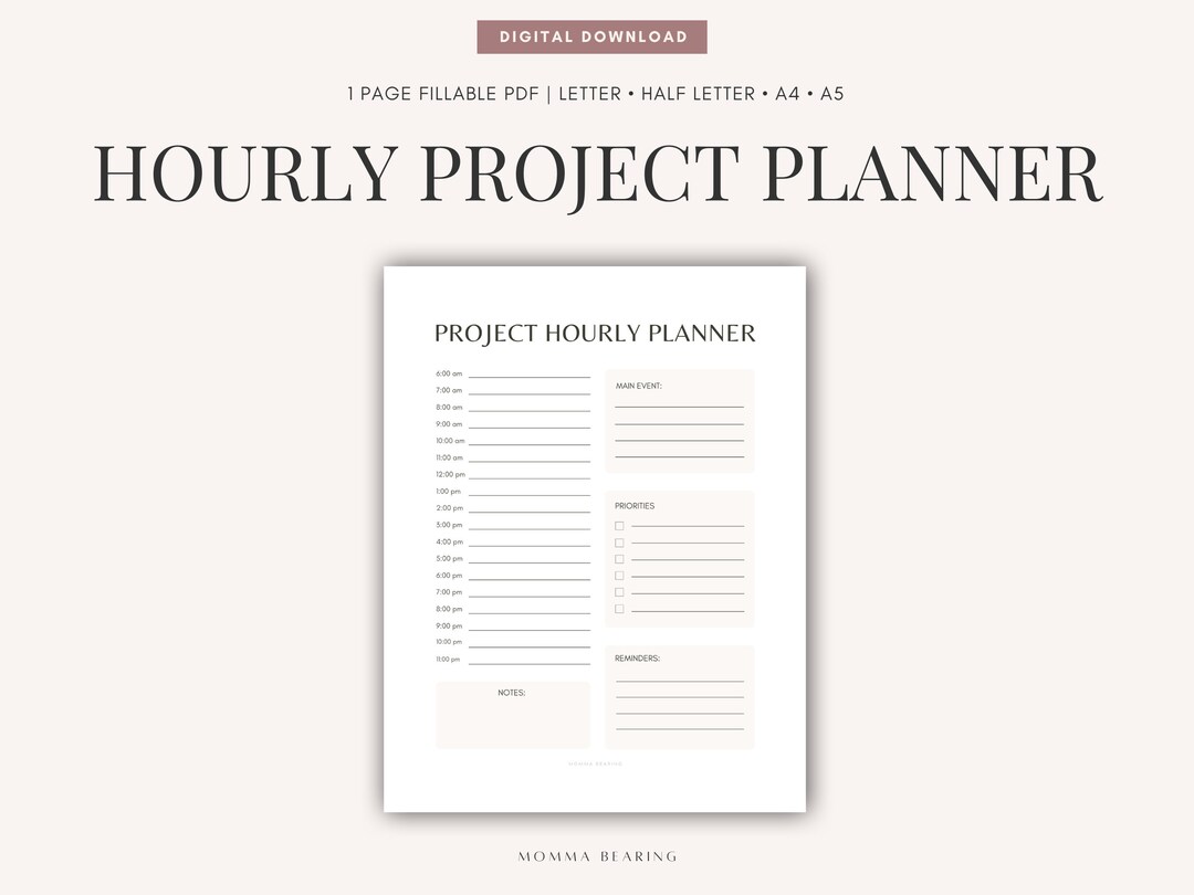 Hourly Project Planner Printable, Adult Time Block Organizer ...