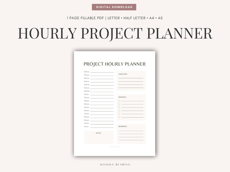 Hourly Project Planner Printable, Adult Time Block Organizer ...