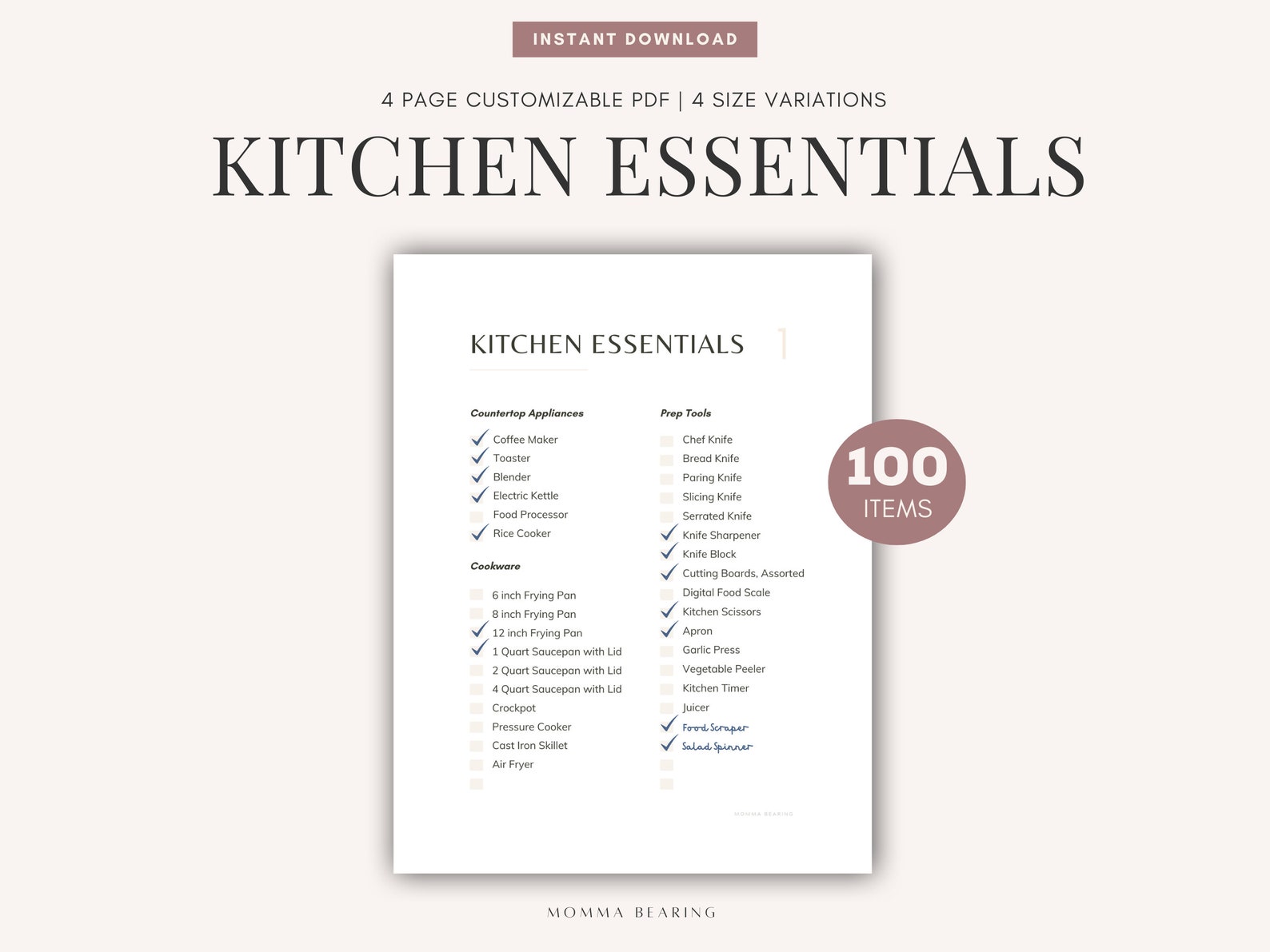 Kitchen Essentials Printable Checklist, Kitchen Inventory, Kitchen ...