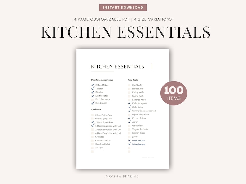 Kitchen Essentials Printable Checklist, Kitchen Inventory, Kitchen ...