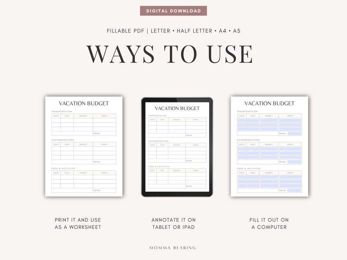 Simple Vacation Budget Printable, Holiday Budget Sheet, Girls Trip ...