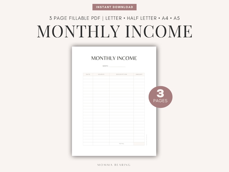 Monthly Income Overview Printable, Income Tracker PDF, Money Tracking ...