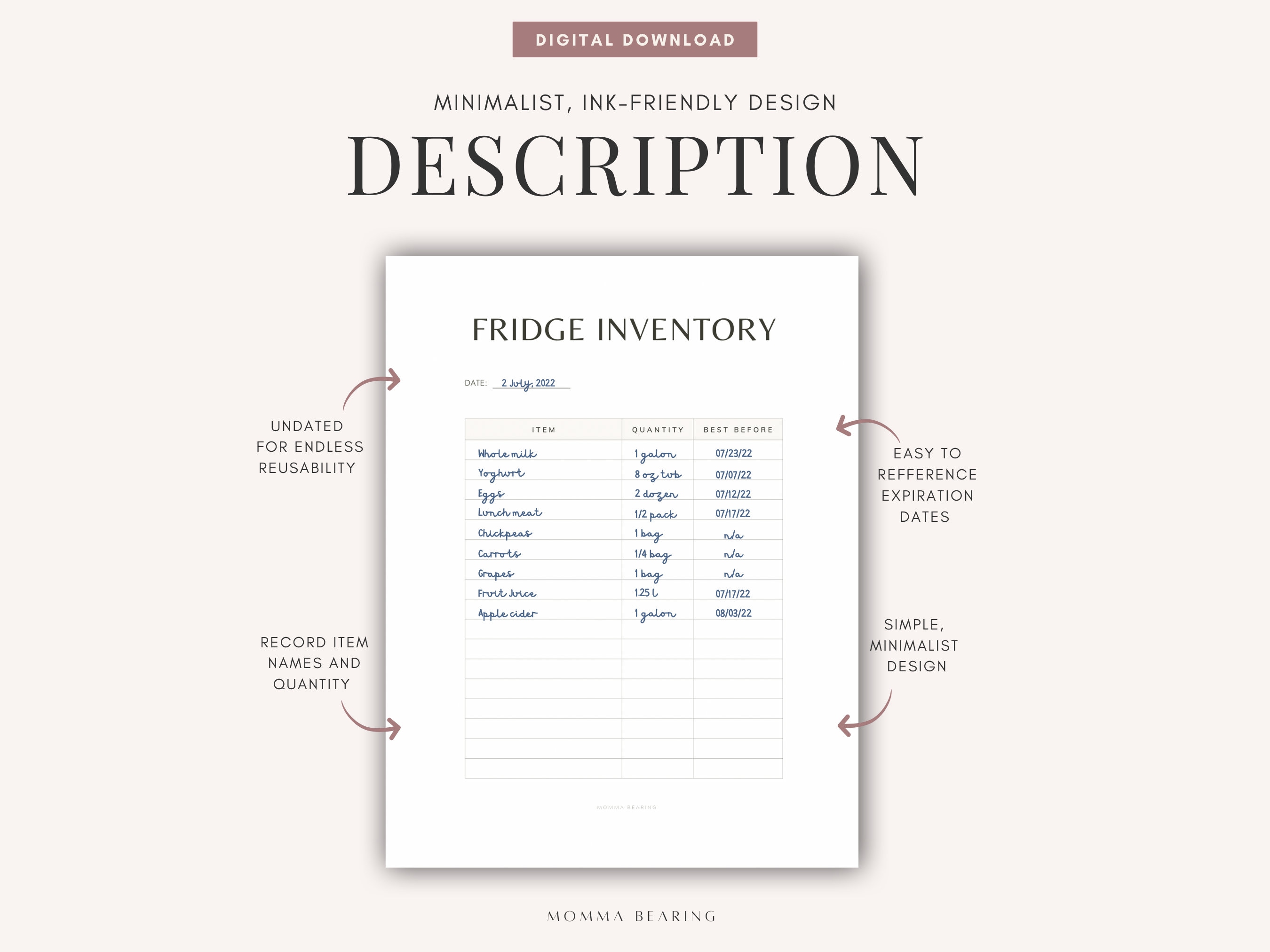 Fridge Inventory Printable, Kitchen Inventory List, Food Storage ...