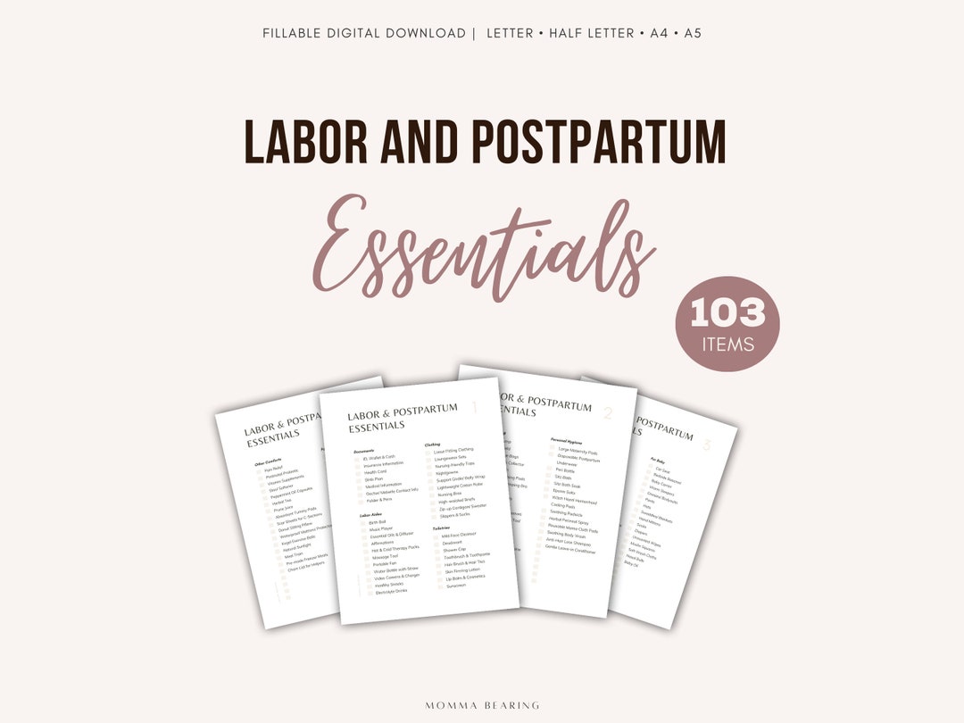 Labor and Postpartum Essentials Checklist PDF, Printable Fourth ...