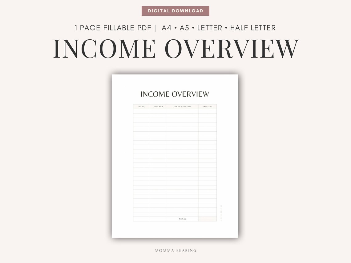 Income Overview Printable, Income Tracker, Money Management, Monthly ...