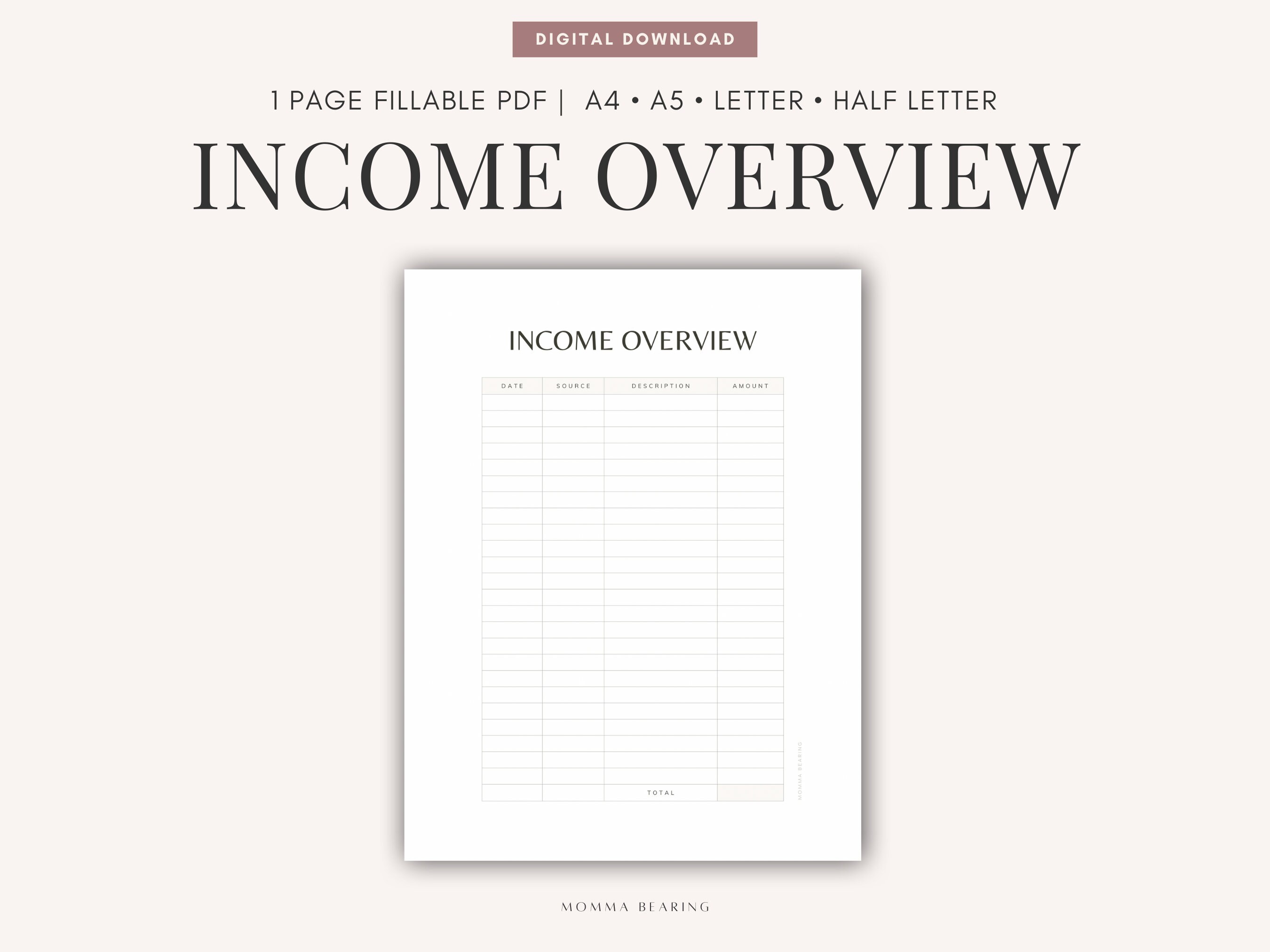 Income Overview Printable, Income Tracker, Money Management, Monthly ...