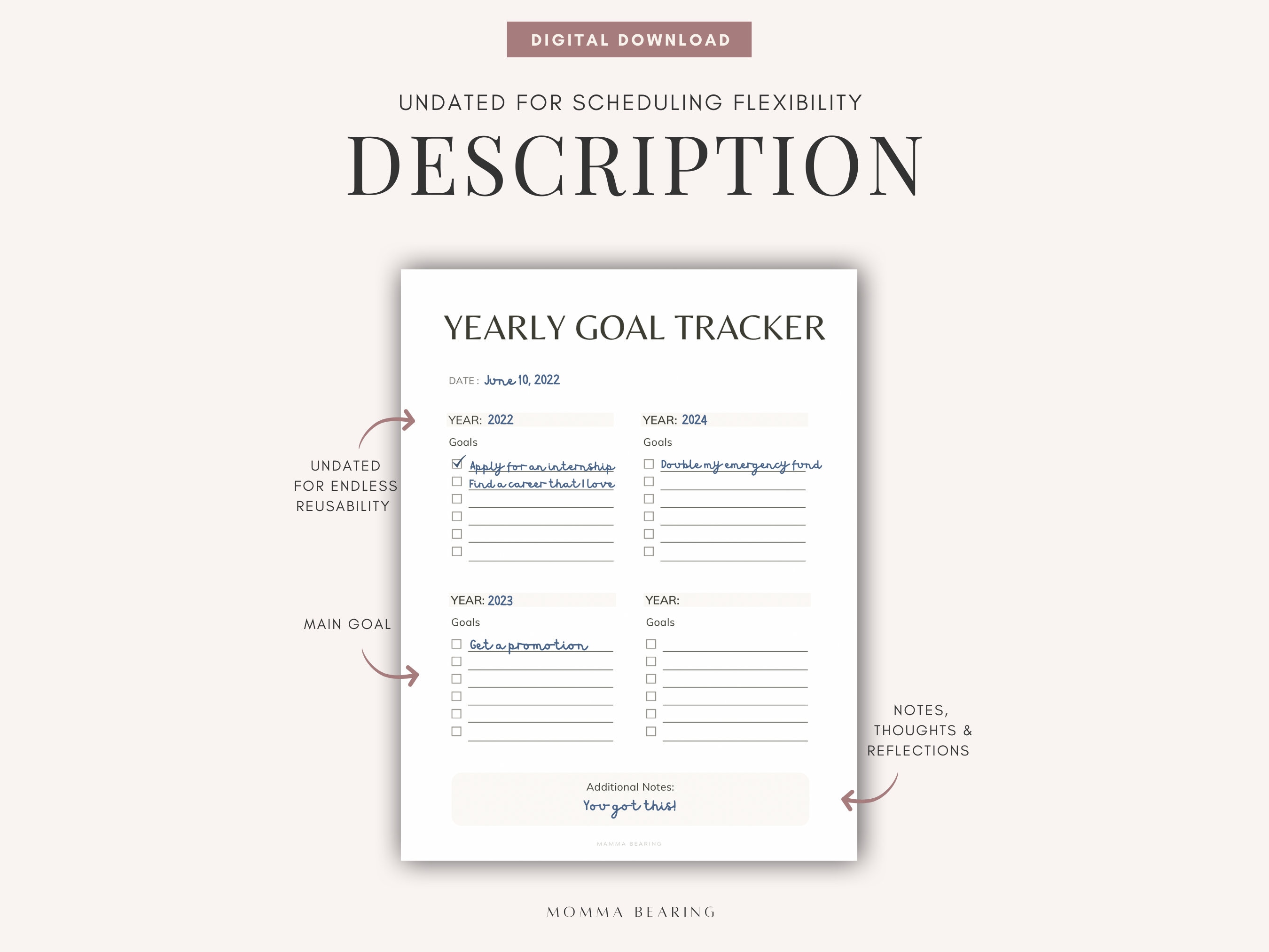 Yearly Goal Tracker Printable, Annual Goal Setting Kit 2024, 4 Year ...