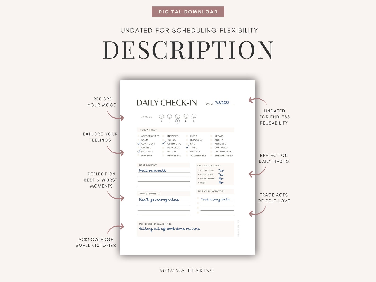Daily Check-in, Mood Tracker Printable, Undated Mood Log, Wellness ...