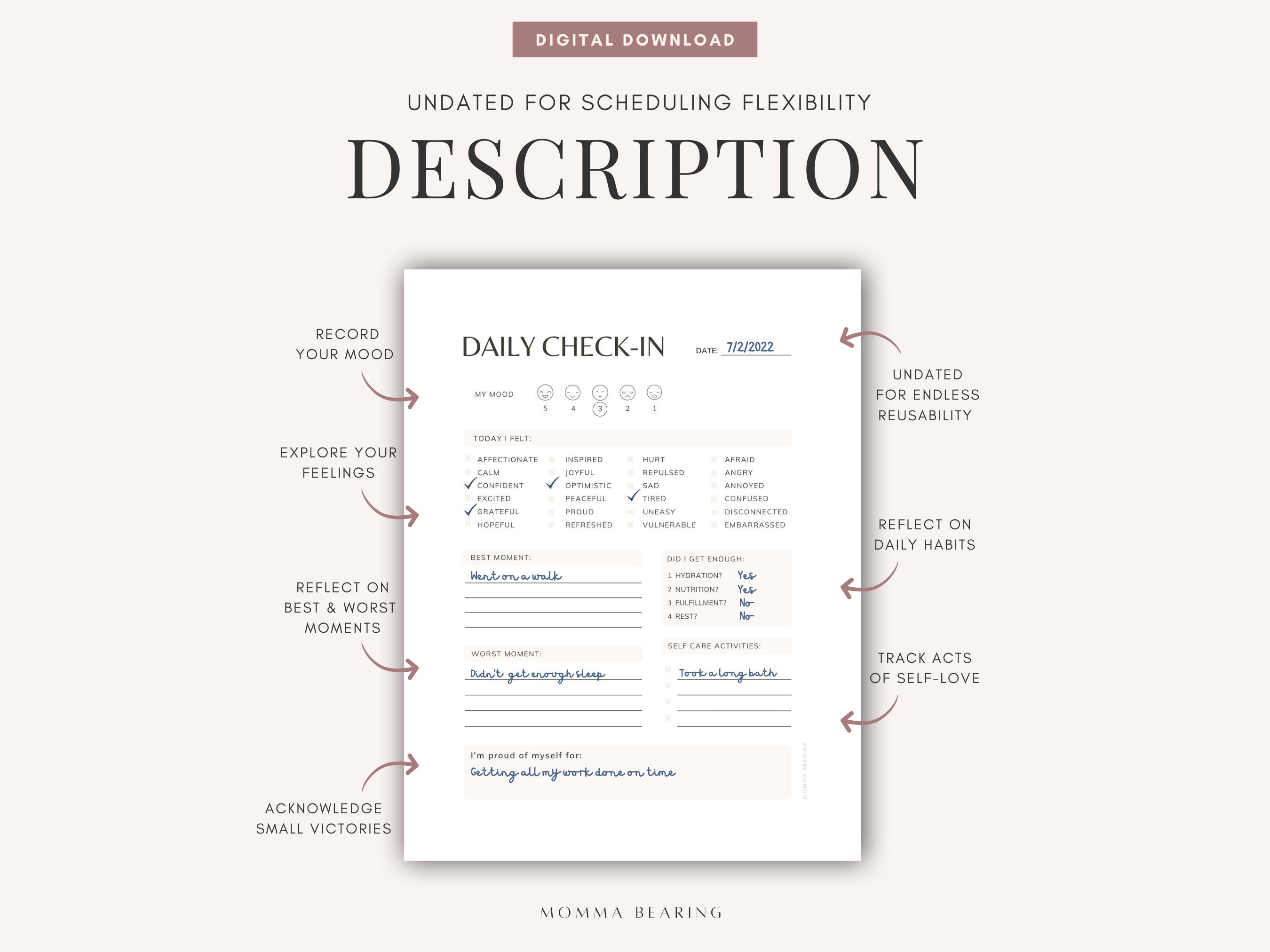 Daily Check-in, Mood Tracker Printable, Undated Mood Log, Wellness ...