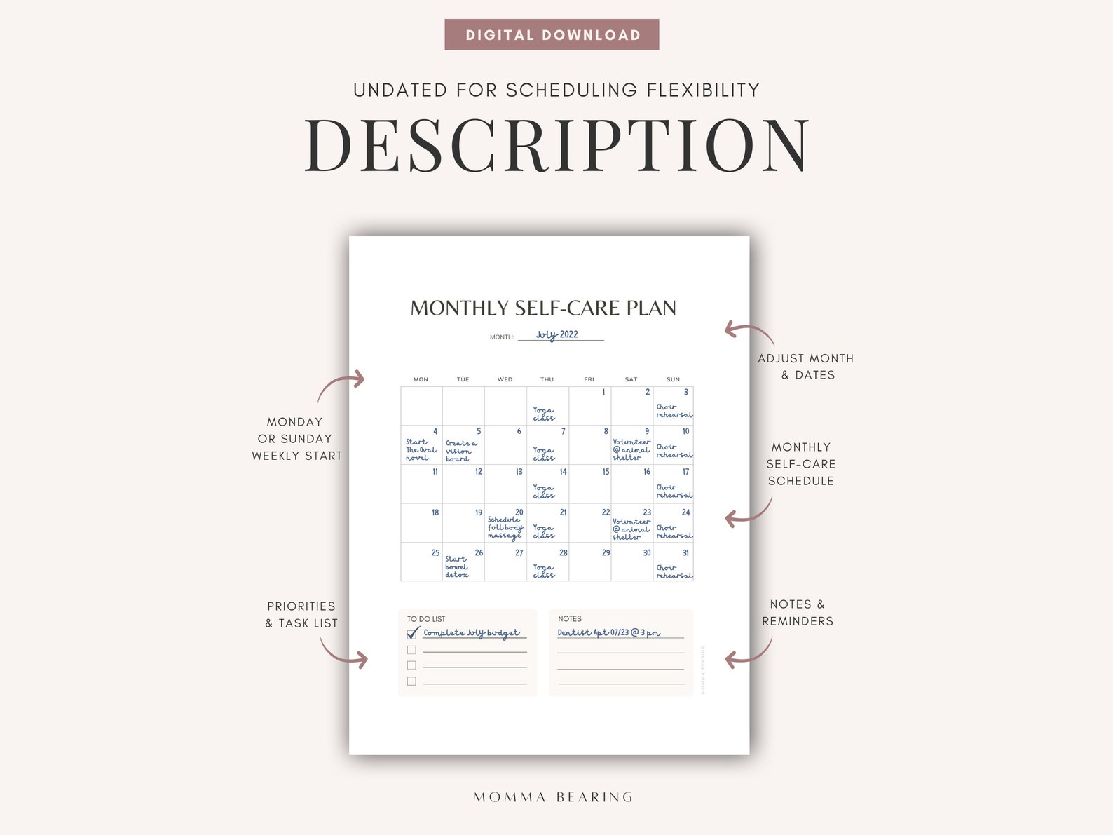 Monthly Self-care Plan Printable, Undated 30 Day Self-love Planner ...