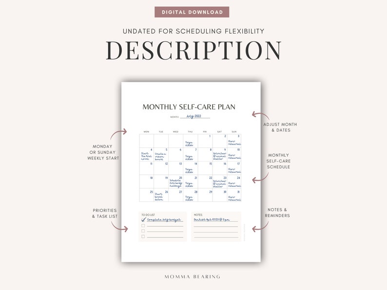 Monthly Self-care Plan Printable, Undated 30 Day Self-love Planner ...