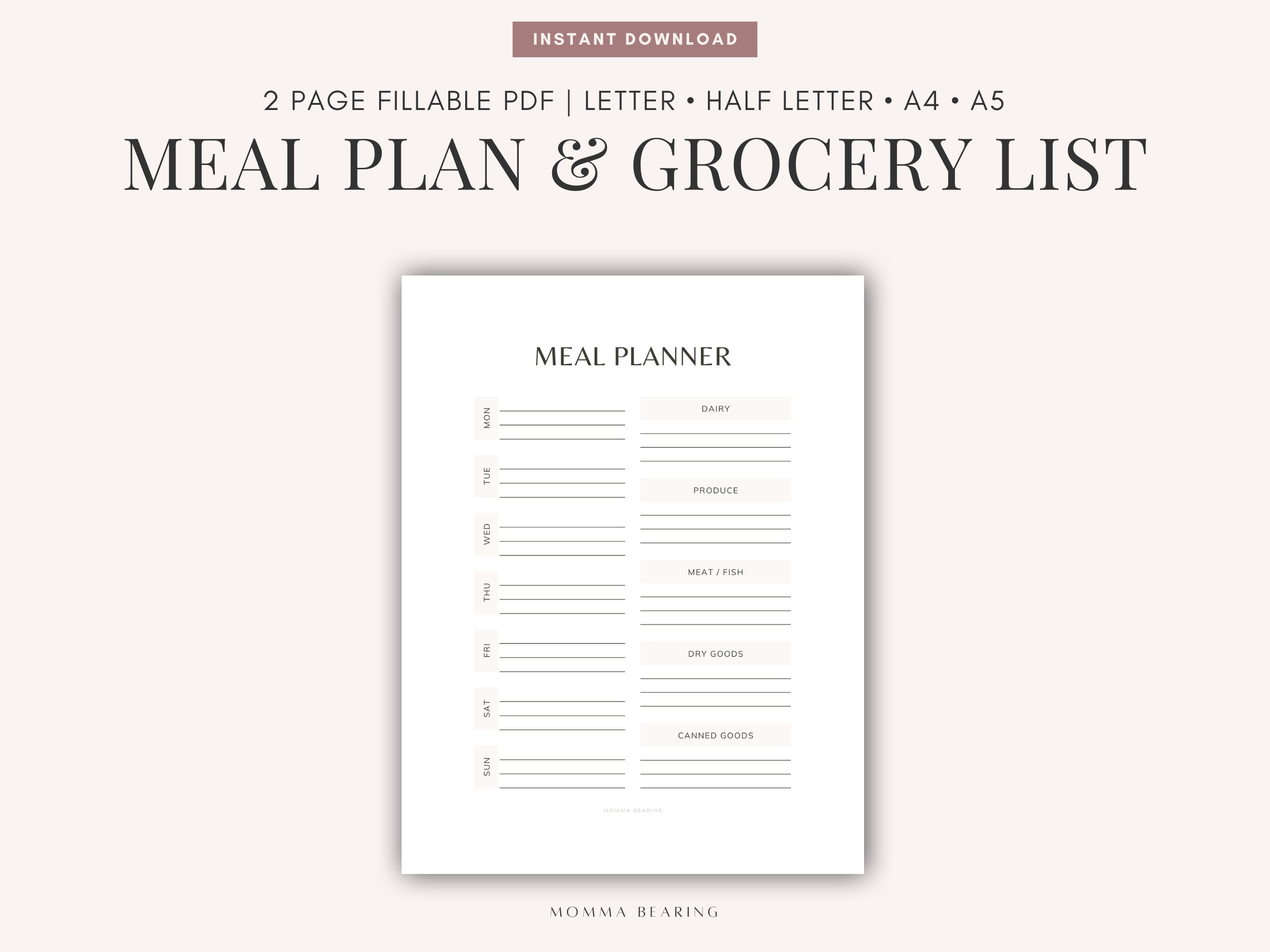 Meal Plan & Grocery List Printable, 7 Day Meal Plan Template PDF, Easy ...