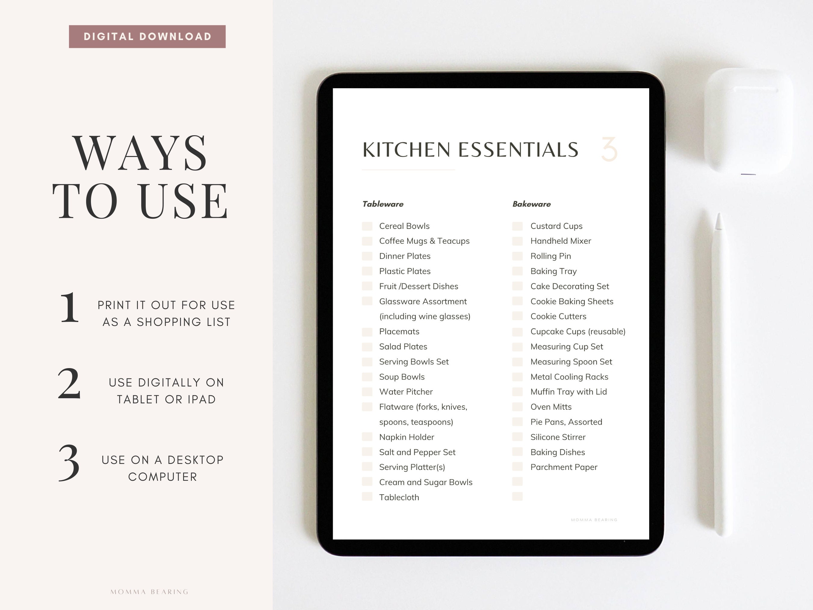 Kitchen Essentials Checklist, Printable Inventory, New Home Kitchen ...
