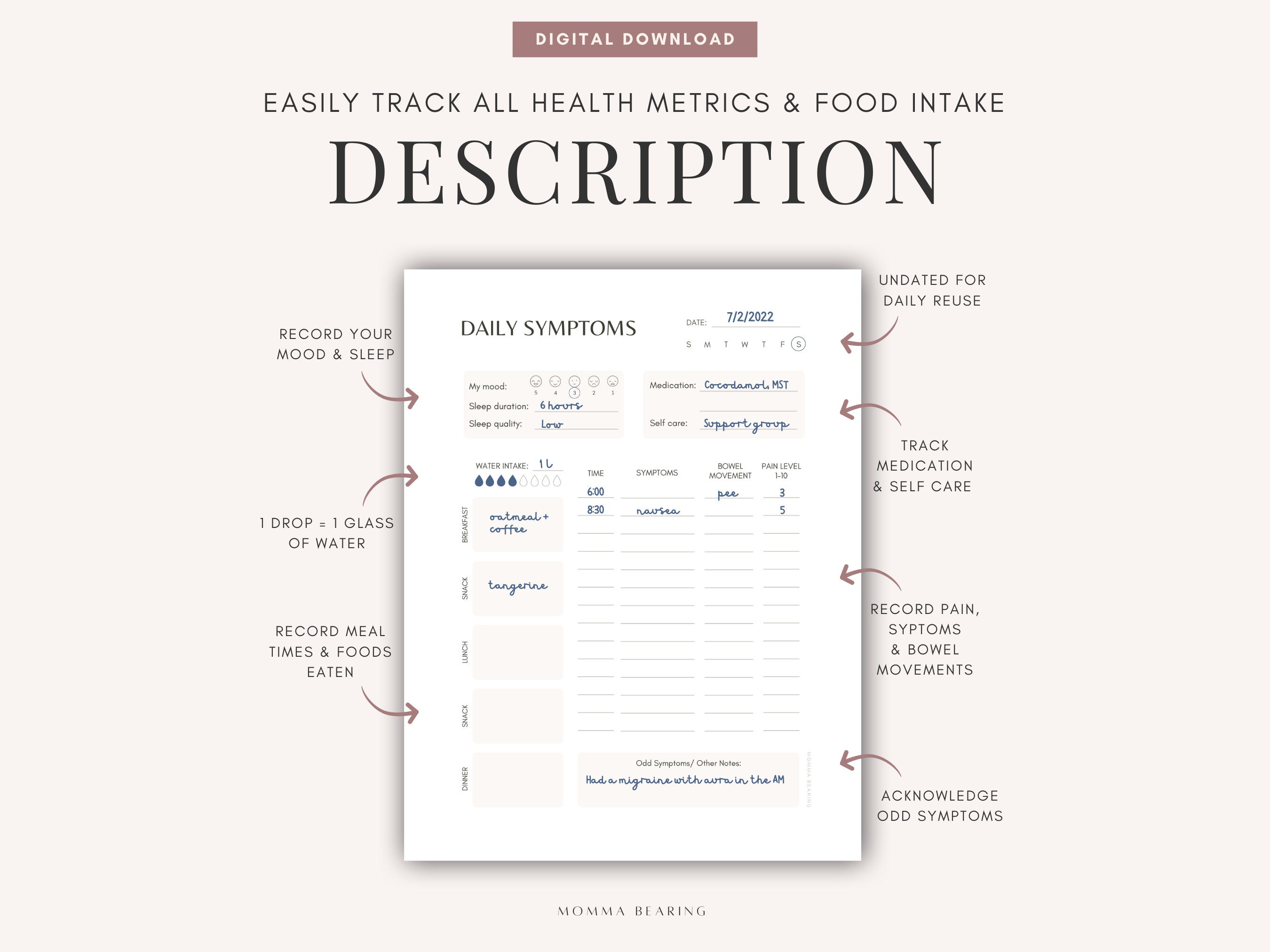 Daily Chronic Pain Tracker, Printable FND Symptom Journal, Digital ...