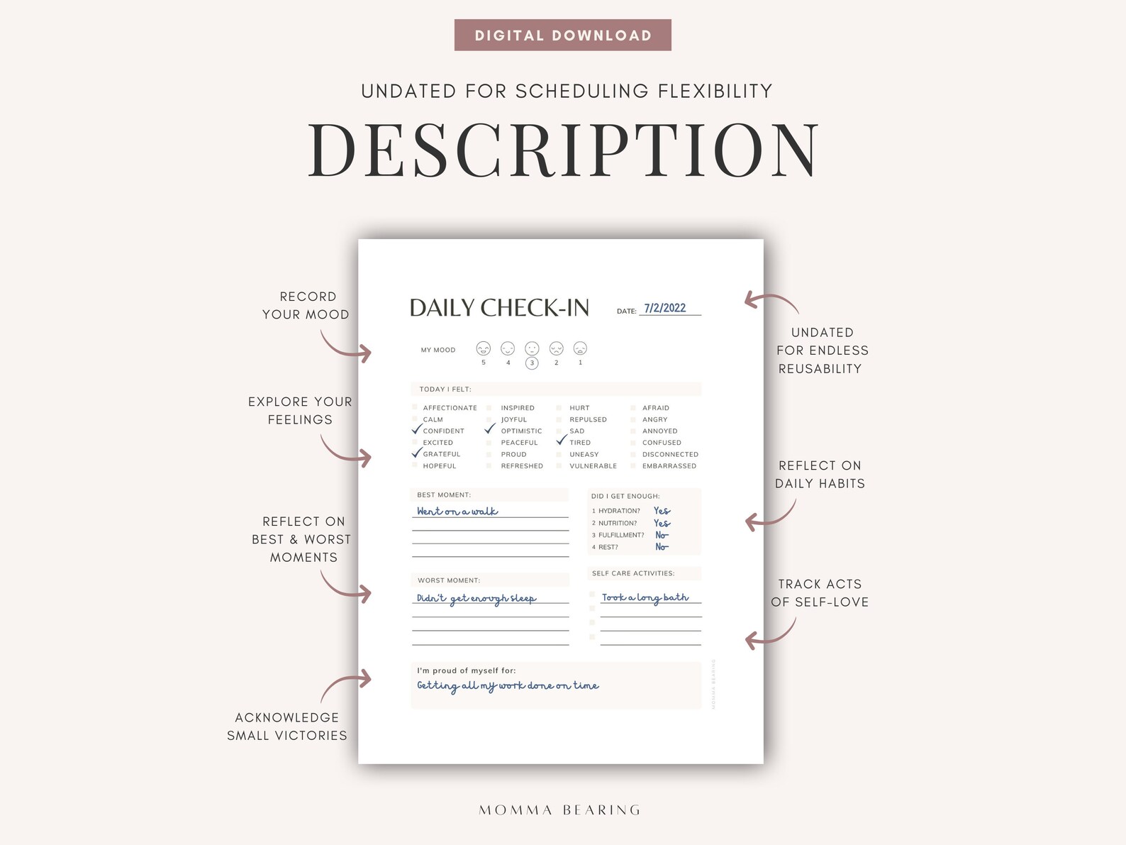 Daily Self Check In, Printable Mood Tracker, Wellness Worksheet for ...