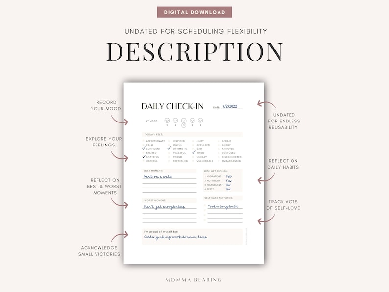 Daily Self Check In, Printable Mood Tracker, Wellness Worksheet for ...