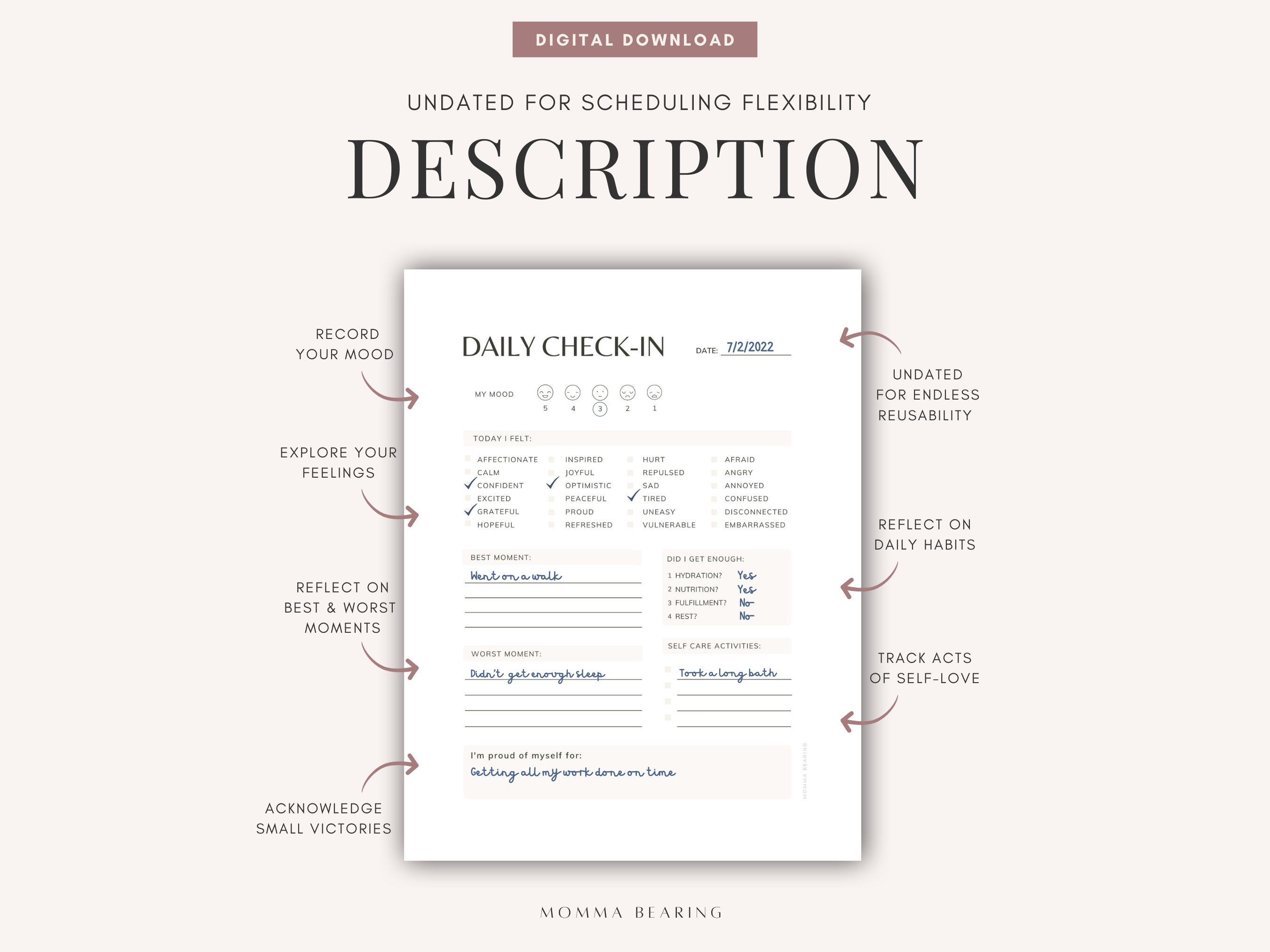 Daily Self Check In, Printable Mood Tracker, Wellness Worksheet for ...