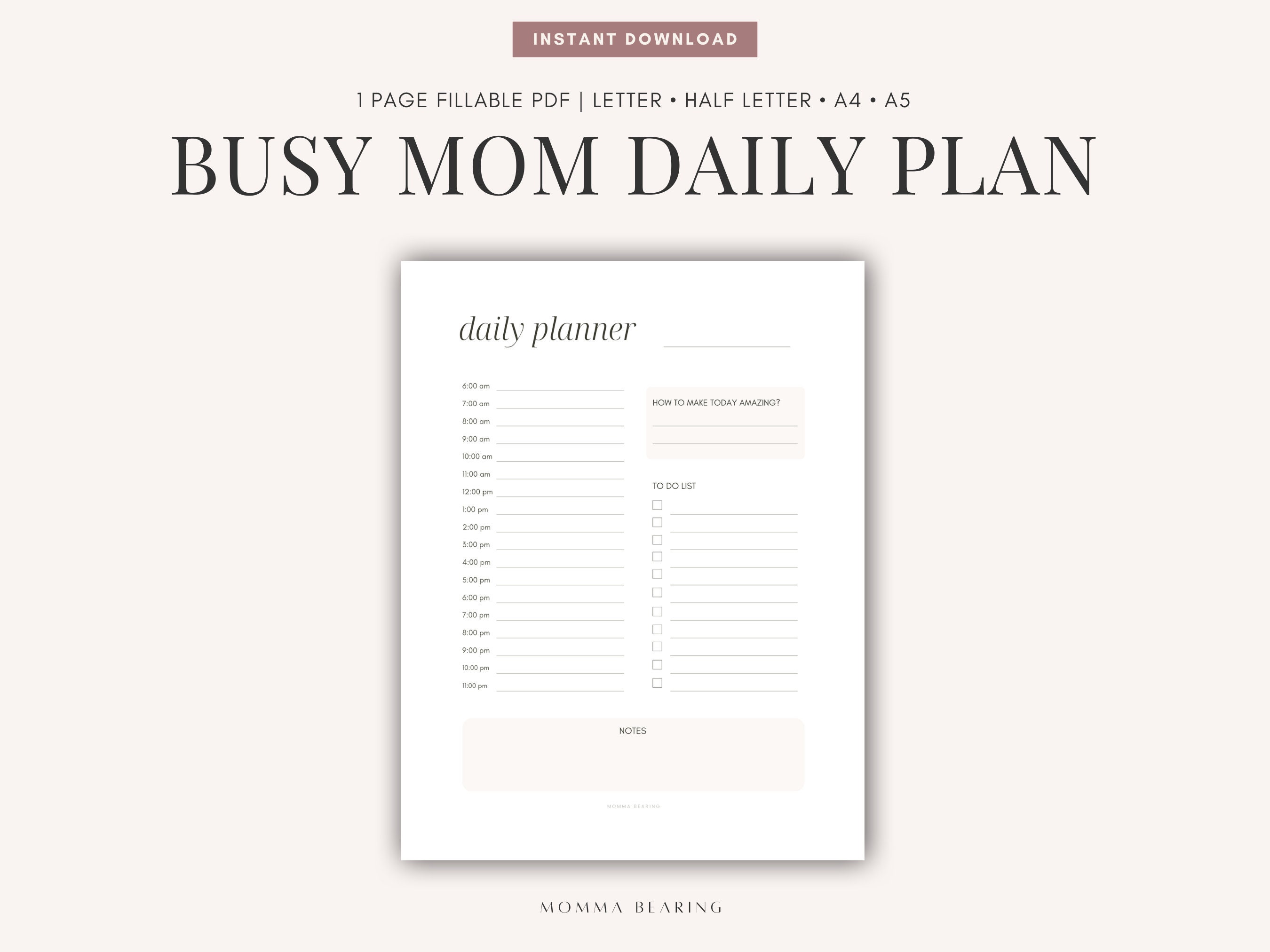 Busy Mom Daily Planner, Printable Adult Schedule, Simple Undated Hourly ...