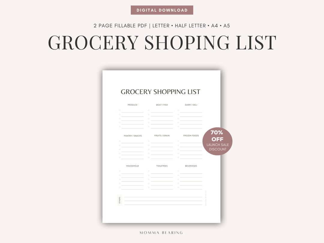 Grocery Shopping List Printable, Weekly Food Shopping PDF, DIY Kitchen ...