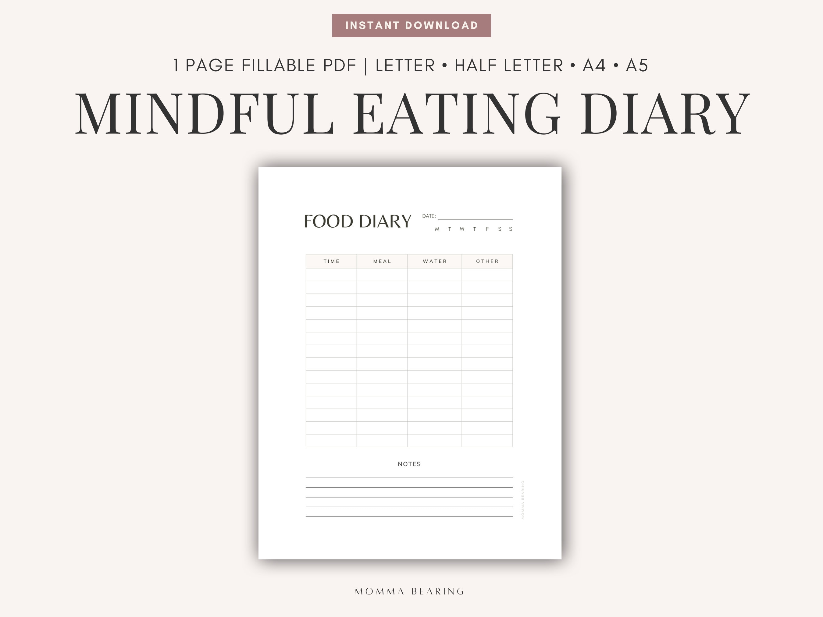 Daily Mindful Eating Diary, Digital Intentional Nutrition Journal ...