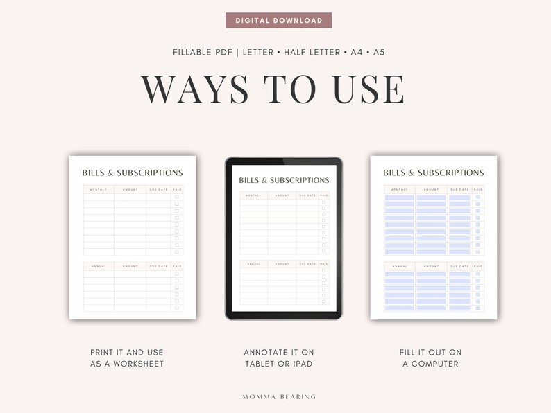 Bill and Subscription Tracker Printable, Monthly Recurring Bill Payment ...