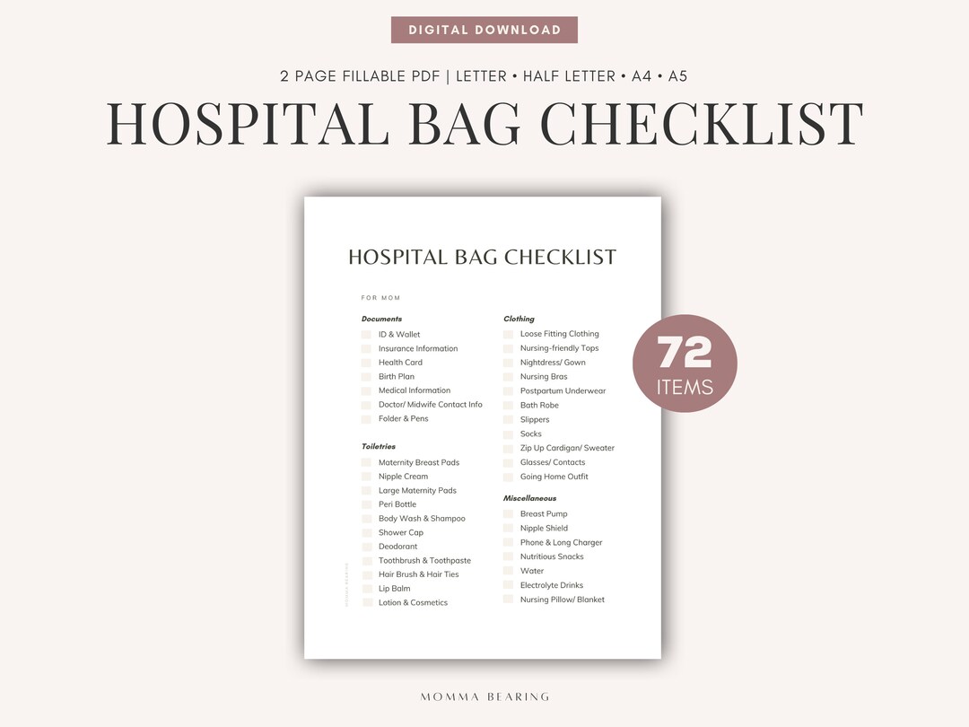 Hospital Bag Checklist Printable, Digital Maternity Bag Packing Guide ...
