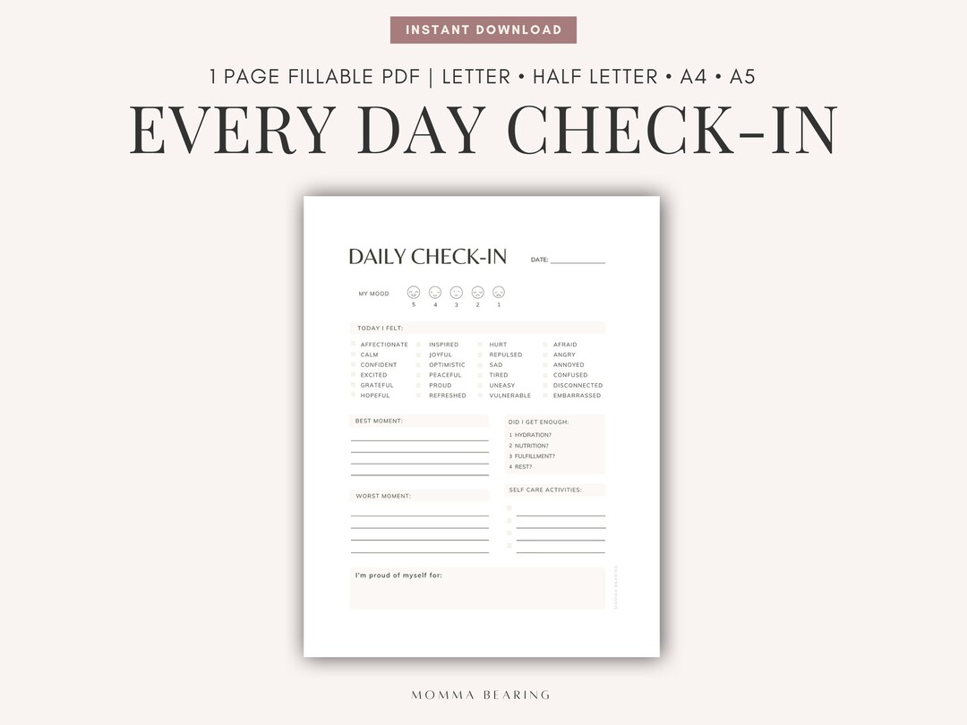 Everyday Mood Tracker Printable, Self-therapy Daily Check-in, Morning ...