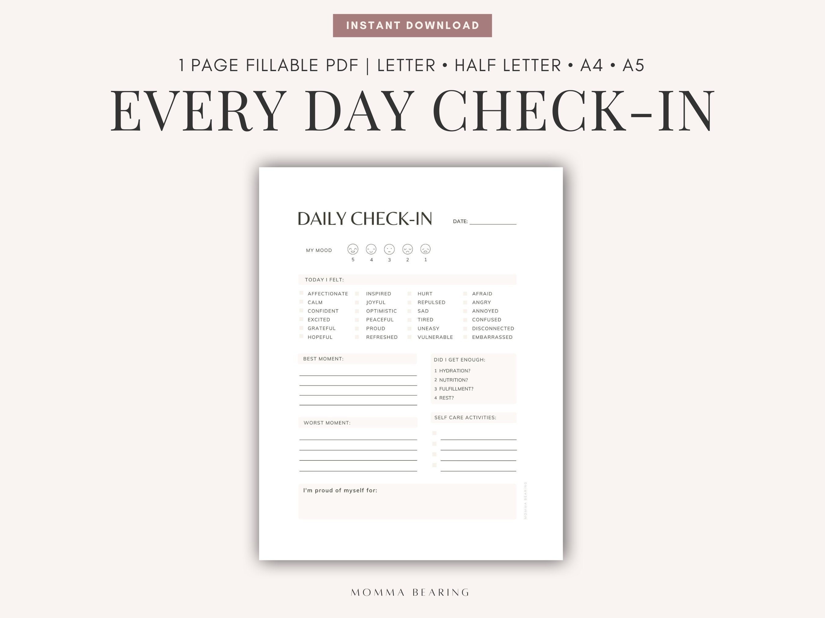 Everyday Mood Tracker Printable, Self-therapy Daily Check-in, Morning ...