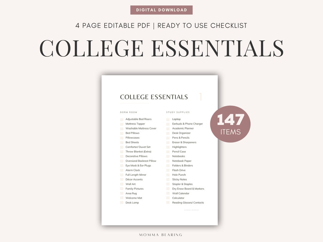 College Essentials Checklist Printable, Best Dorm Room Packing List ...