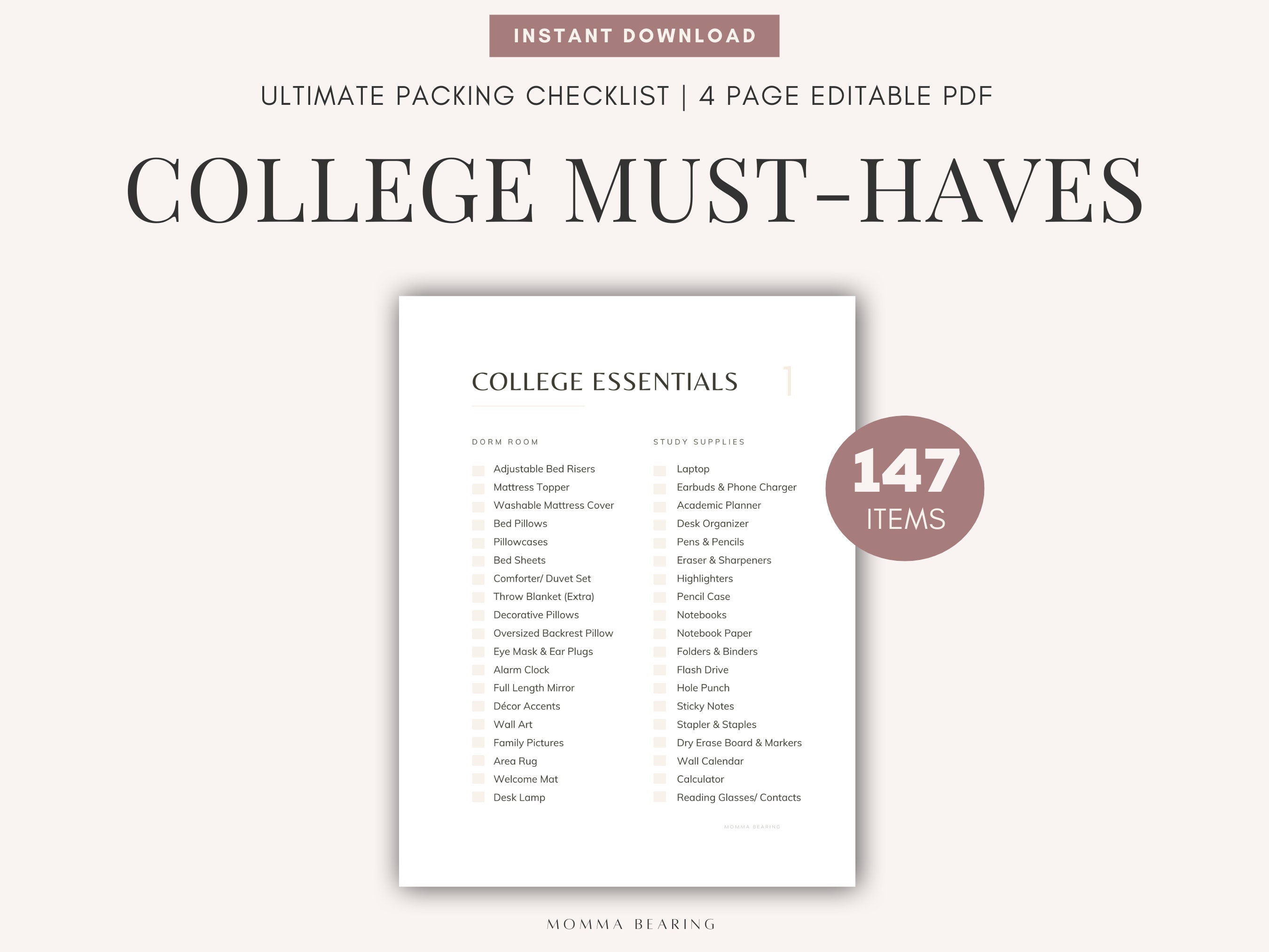 Best College Essentials Checklist, Printable Dorm Room Packing List A4 ...
