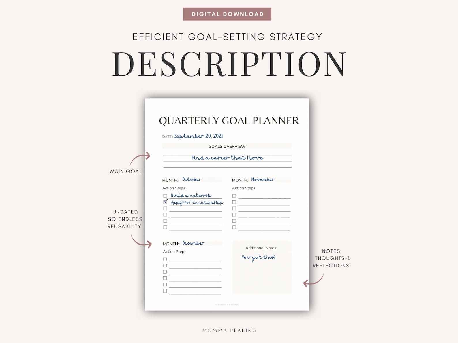 Printable Quarterly Goal Tracker, Quarter at a Glance, Undated 90 Day ...