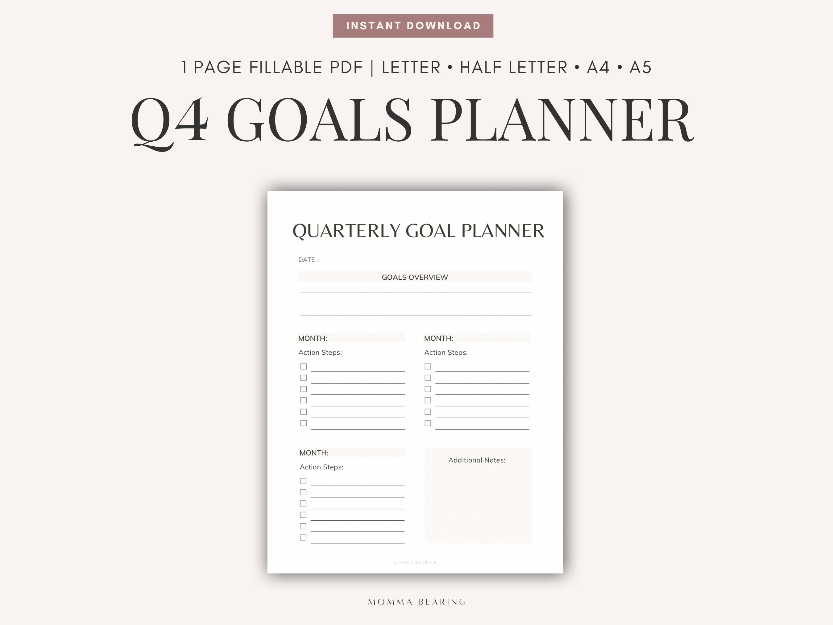 Printable Quarterly Goal Tracker, Q4 Productivity Strategy, Undated 90 Day Action Plan, Quarter ...