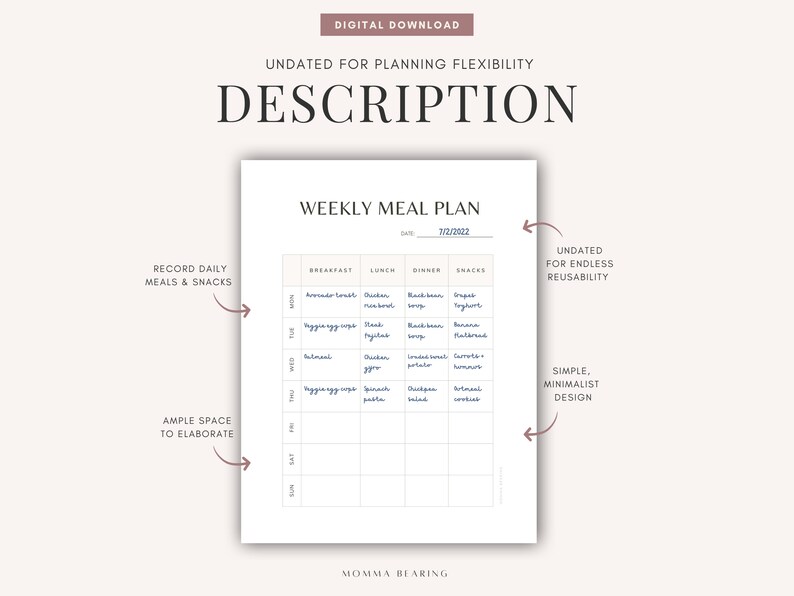 Weekly Meal Tracker Printable Meal Tracker Undated Food - Etsy