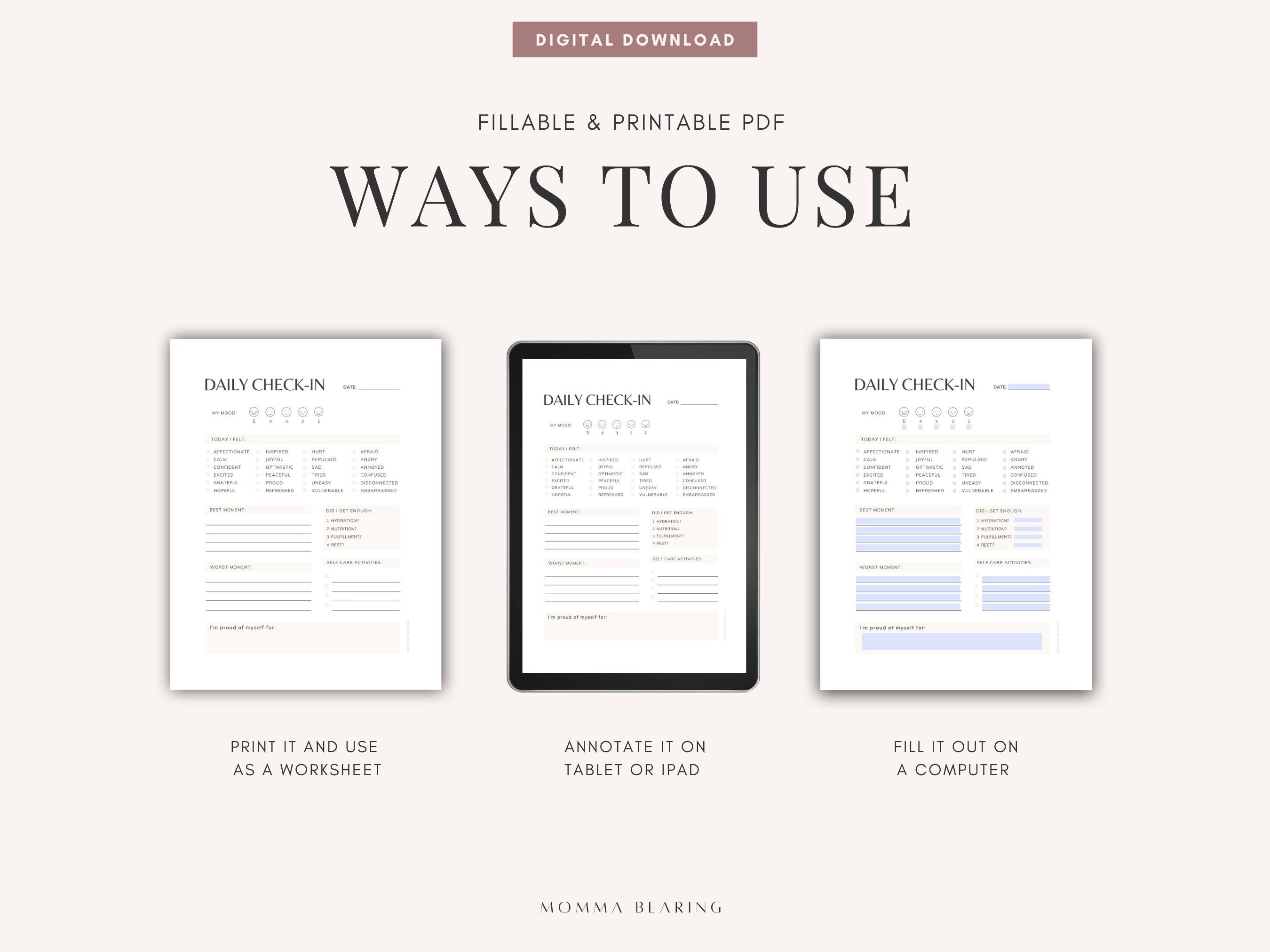 Morning Check-in Mood Tracker, Printable Daiy Reflection Page, Self ...
