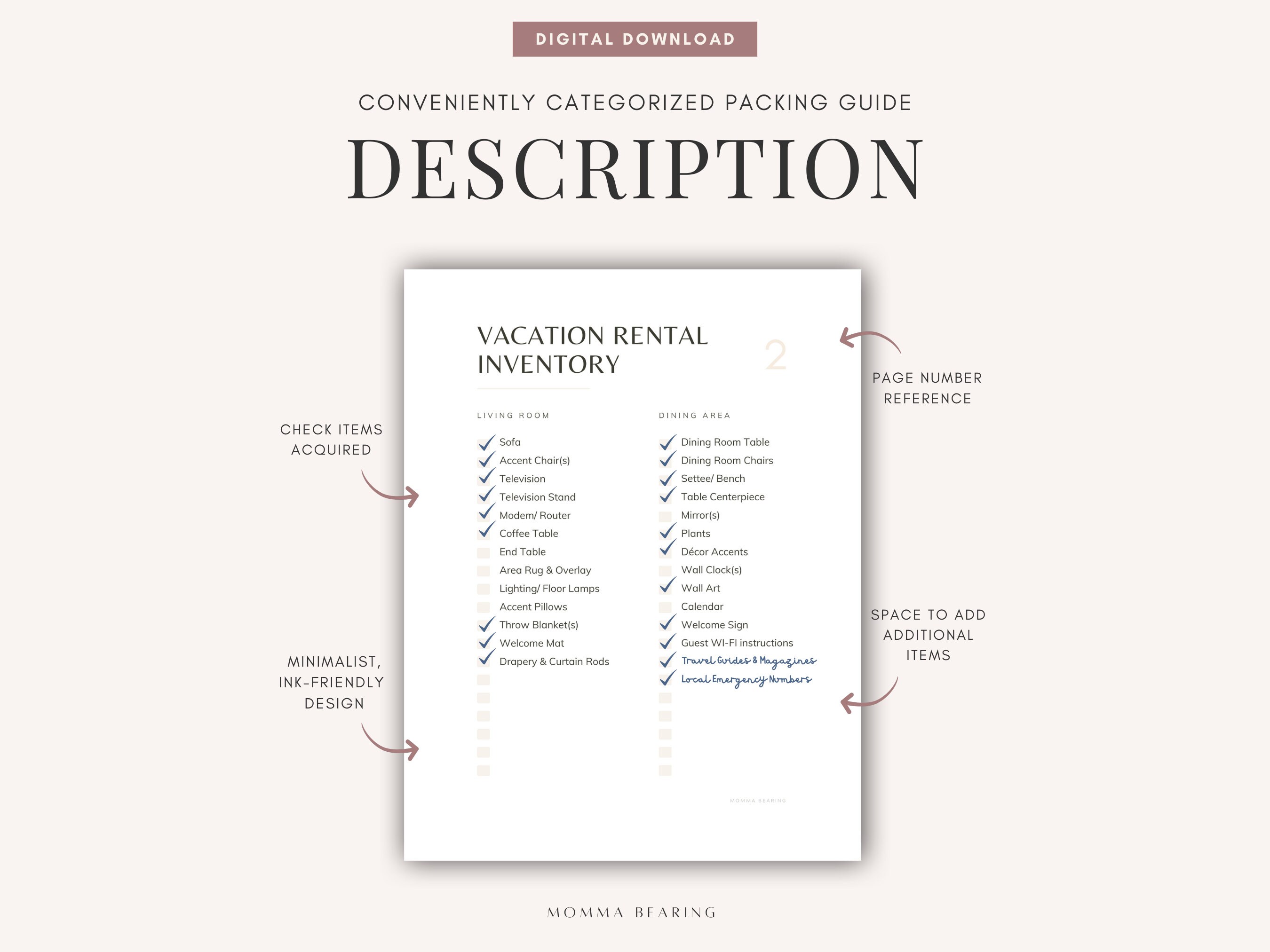 Vacation Rental Inventory Checklist Printable, Short Term Rental ...