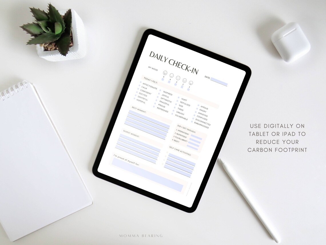 Daily Check-in, Mood Tracker Printable, Undated Mood Log, Wellness ...
