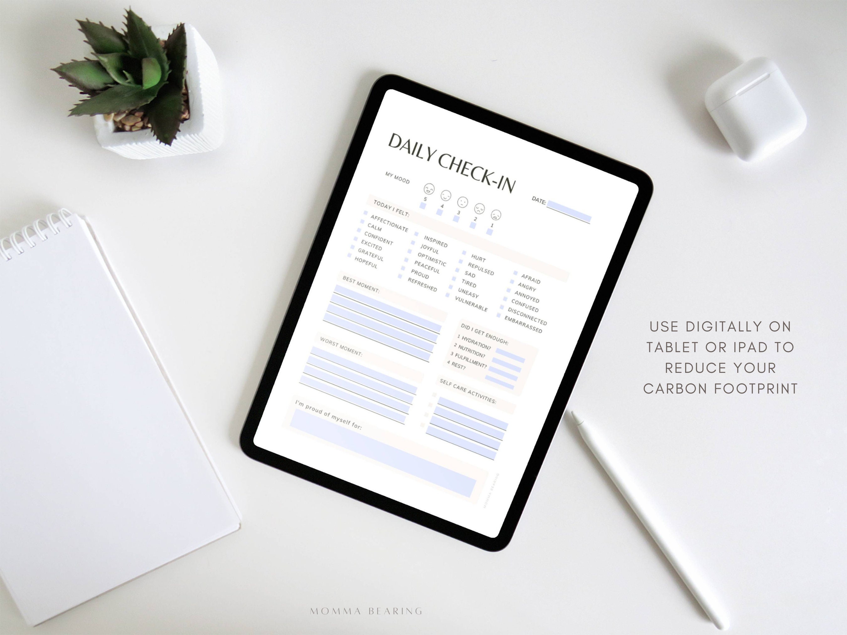 Daily Check-in, Mood Tracker Printable, Undated Mood Log, Wellness ...