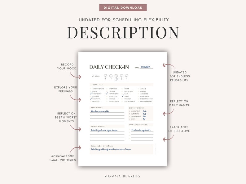 Daily Check-in Mood Tracker Printable Undated Mood Log - Etsy