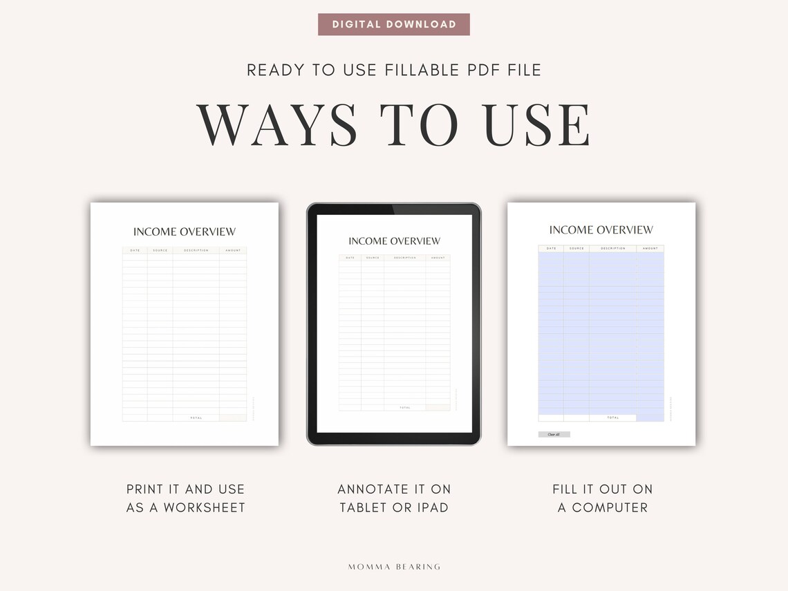 Income Overview Printable, Income Tracker, Money Management, Monthly ...