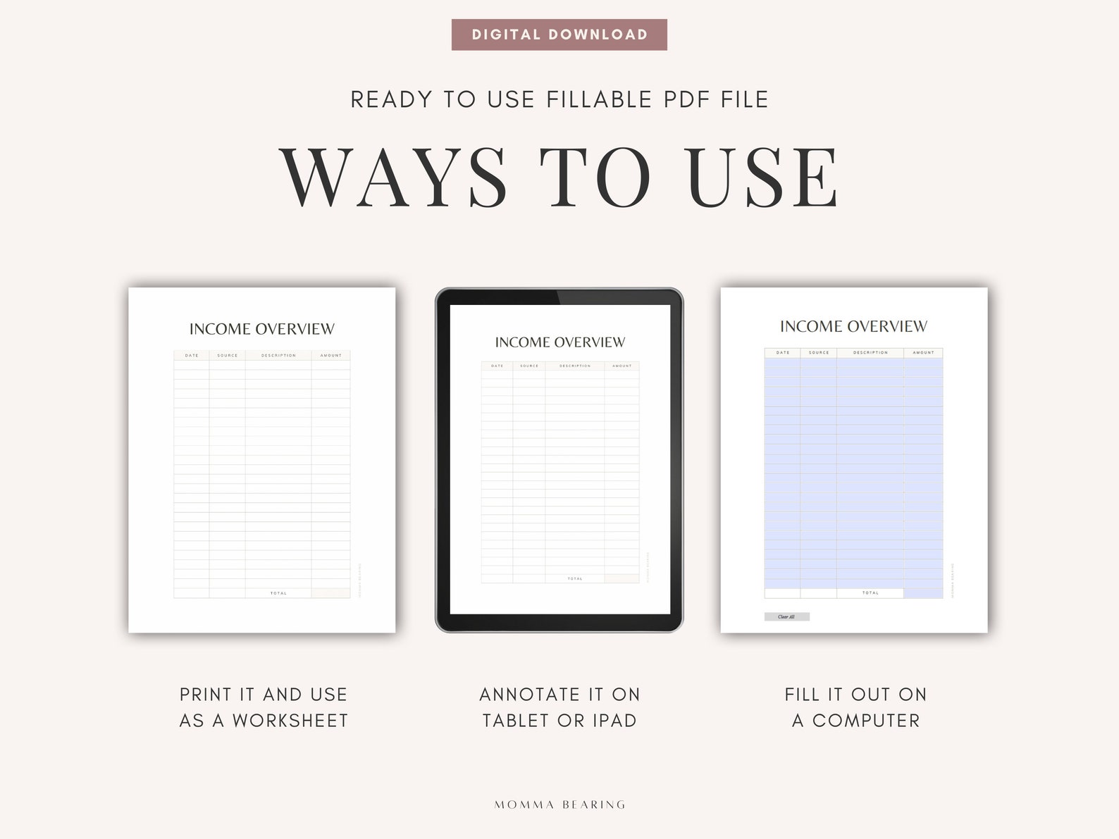 Income Overview Printable, Income Tracker, Money Management, Monthly ...