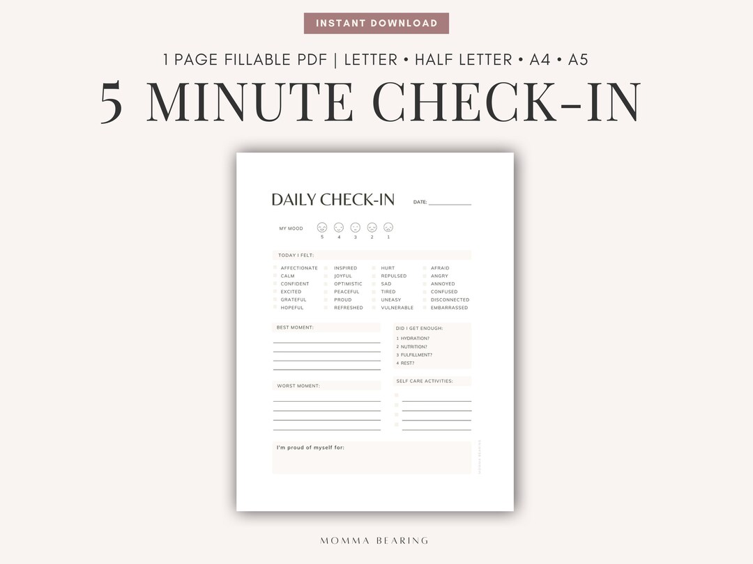 5 Minute Daily Check-in, Printable Feelings Worksheet, Undated Mood ...