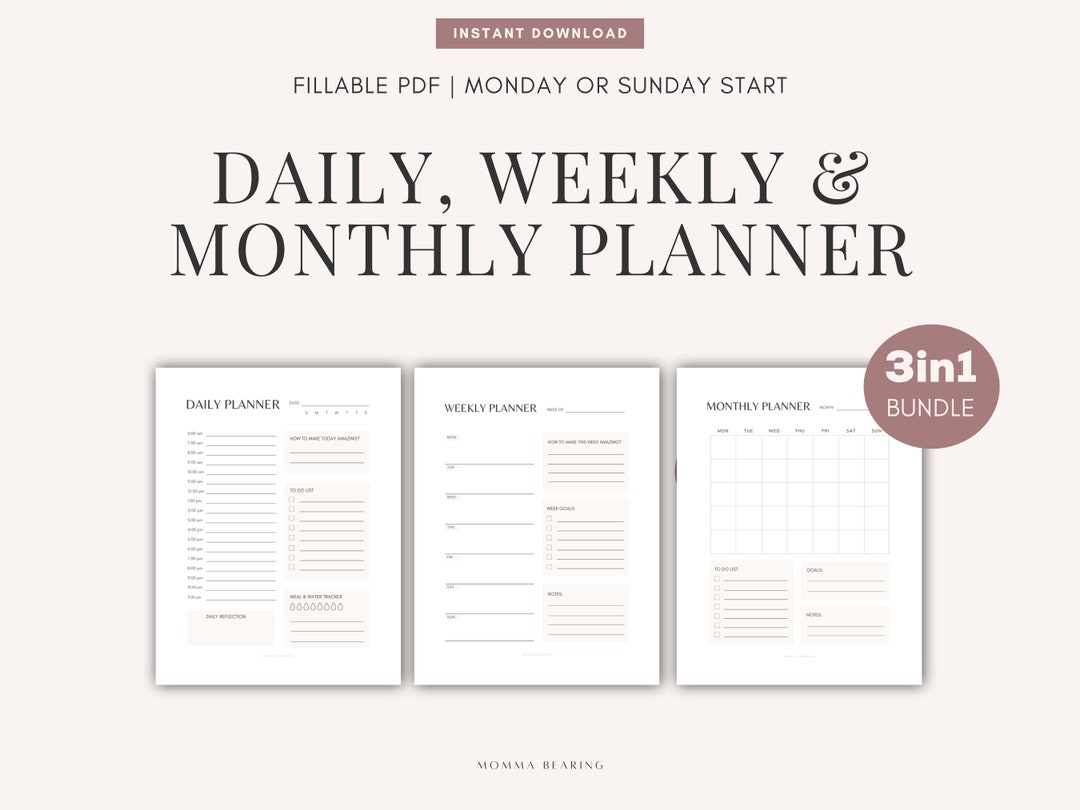 Daily, Weekly, Monthly Planner Bundle, Undated Visual Calendar Insert ...