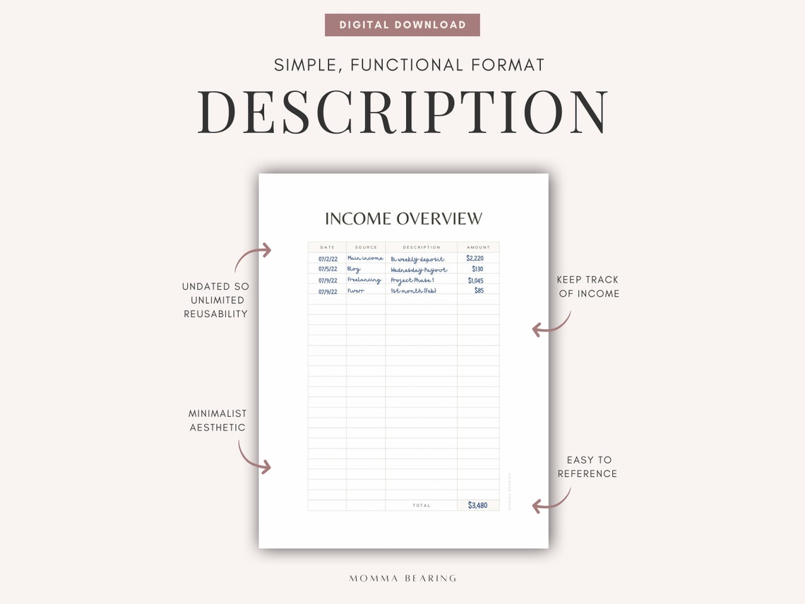Income Overview Printable, Income Tracker, Money Management, Monthly ...