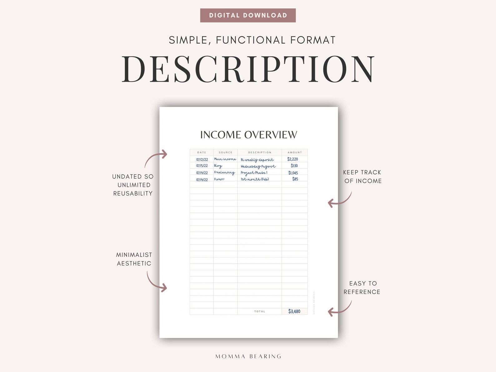 Income Overview Printable, Income Tracker, Money Management, Monthly ...
